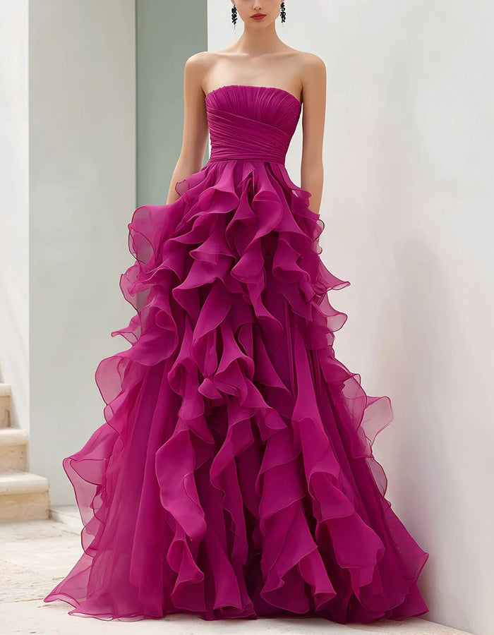 Rose Red Chiffon Strapless Tiered Maxi Dress – Alizua